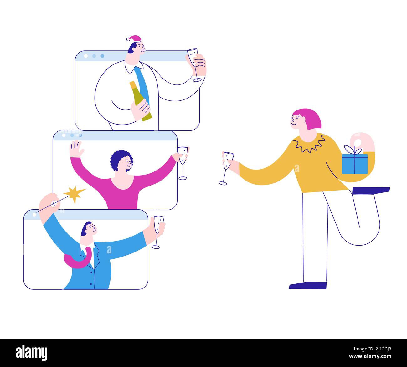 Diverse people chatting and greeting on the online conference party ...