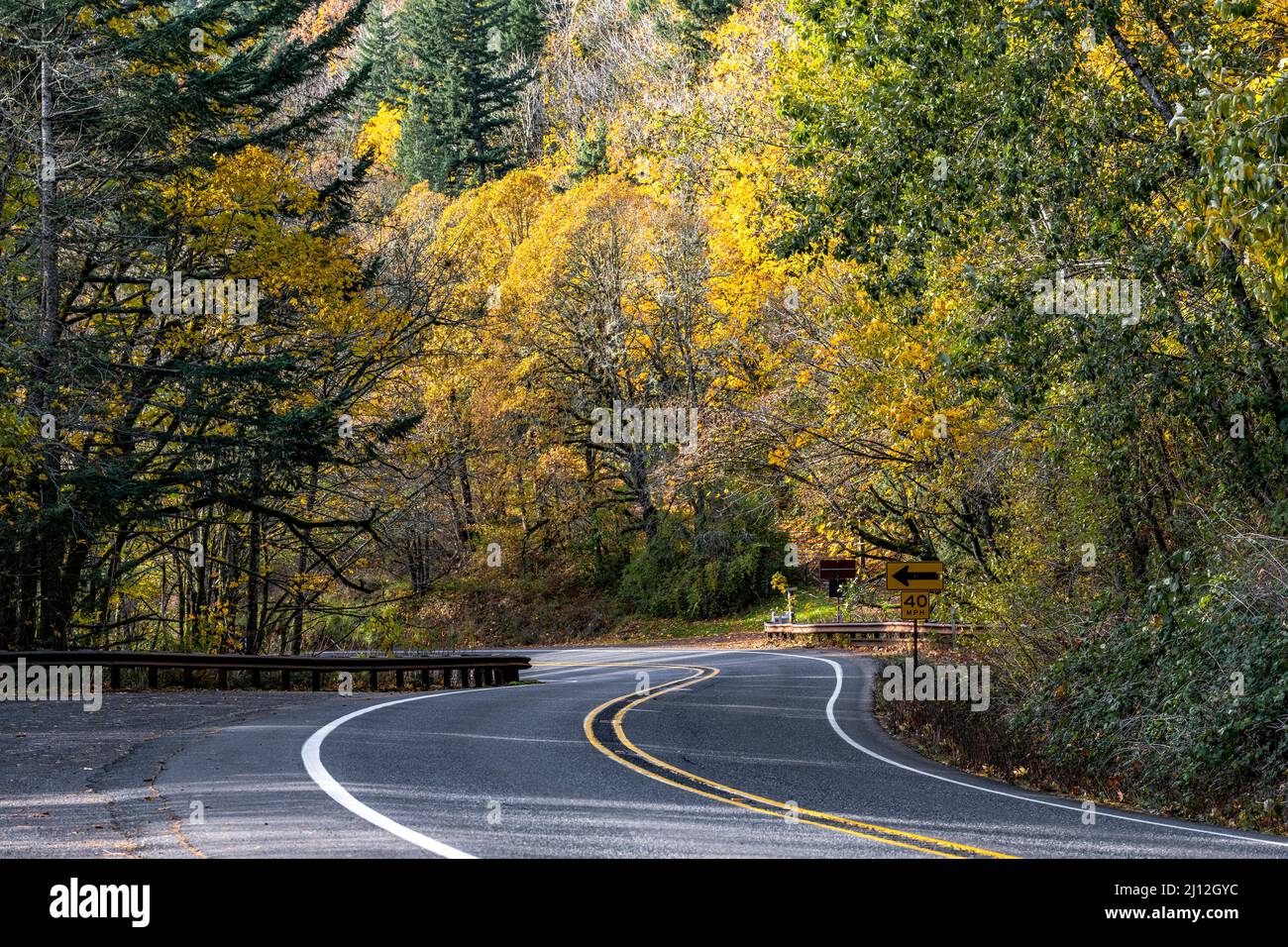 Scenic autumn landscape with a disappearing around the corner winding ...