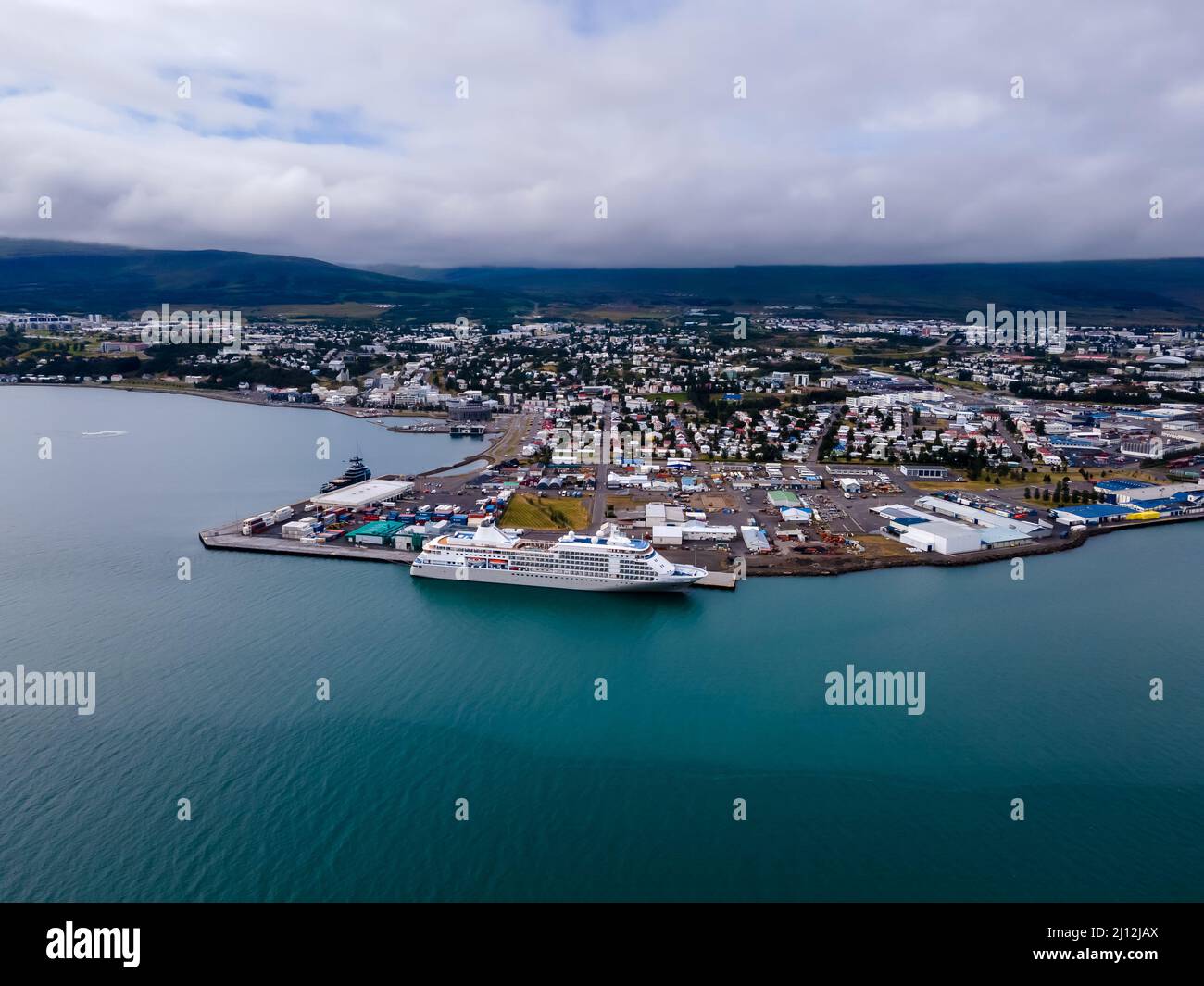 Beautiful aerial view of Akureyri, a city at the base of Eyjafjörður ...