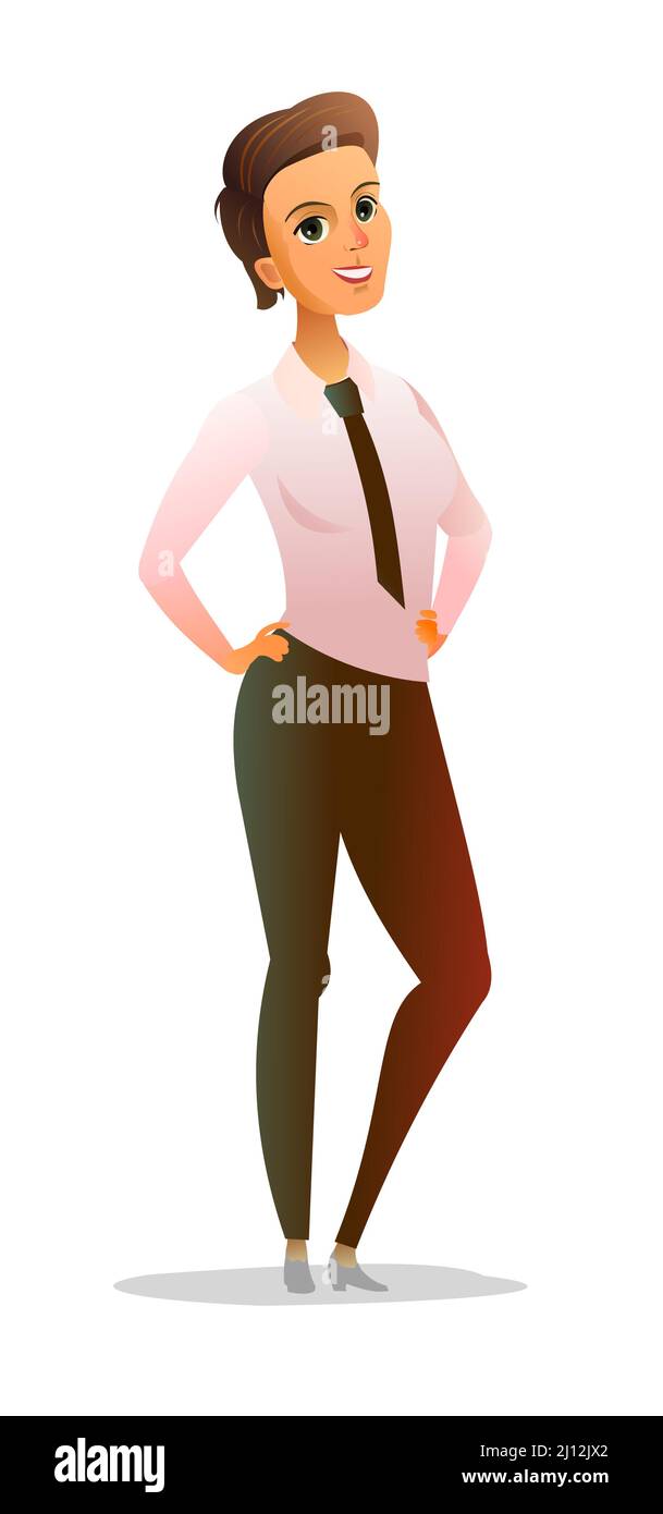 Businesswoman in tie stands with her hands on her hips. Young woman ...