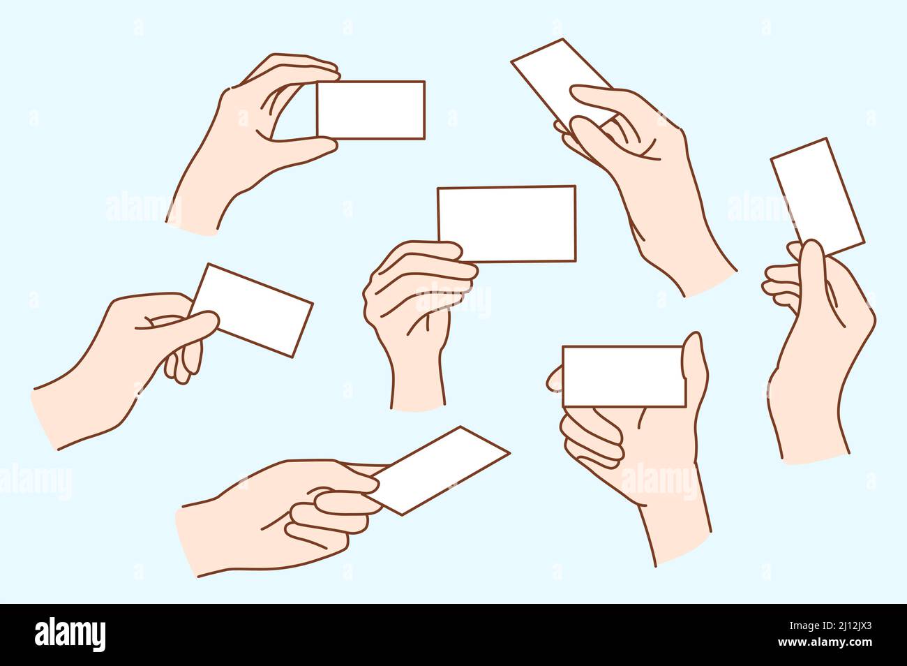 Set of person hands stretch hand offer mockup business card to client ...