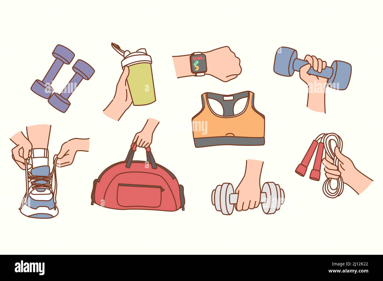 Set of person with sportive equipment get ready for training or workout ...