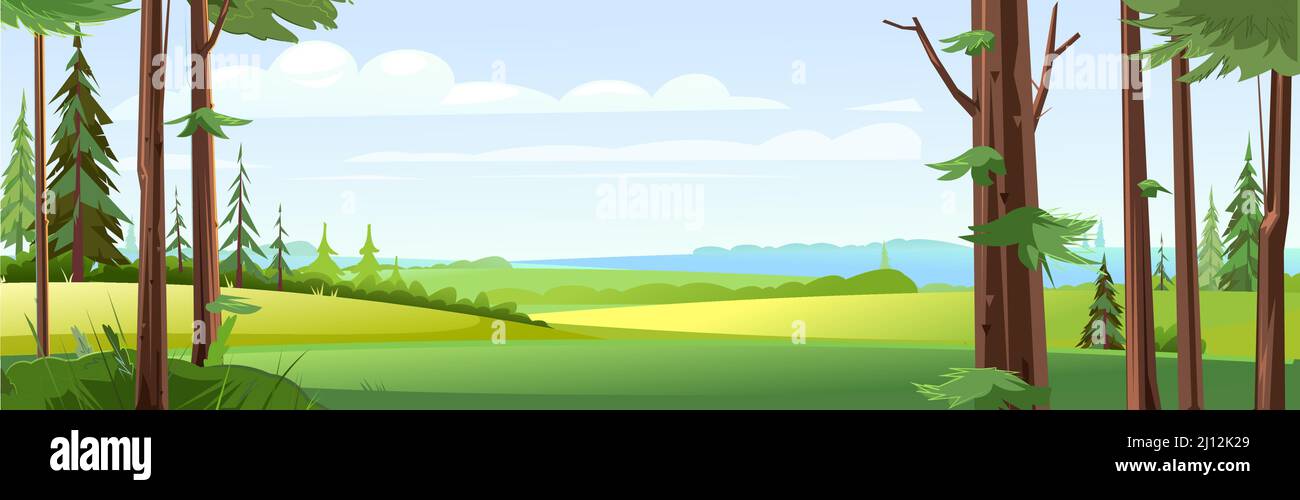 Panoramic view from the coniferous forest to rural fields.. Beautiful ...