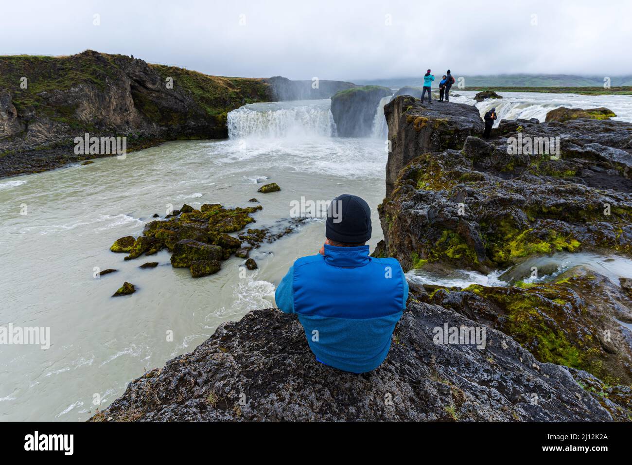 Beautifulaerial view of the massive Godafoss waterfall in Iceland, la ...