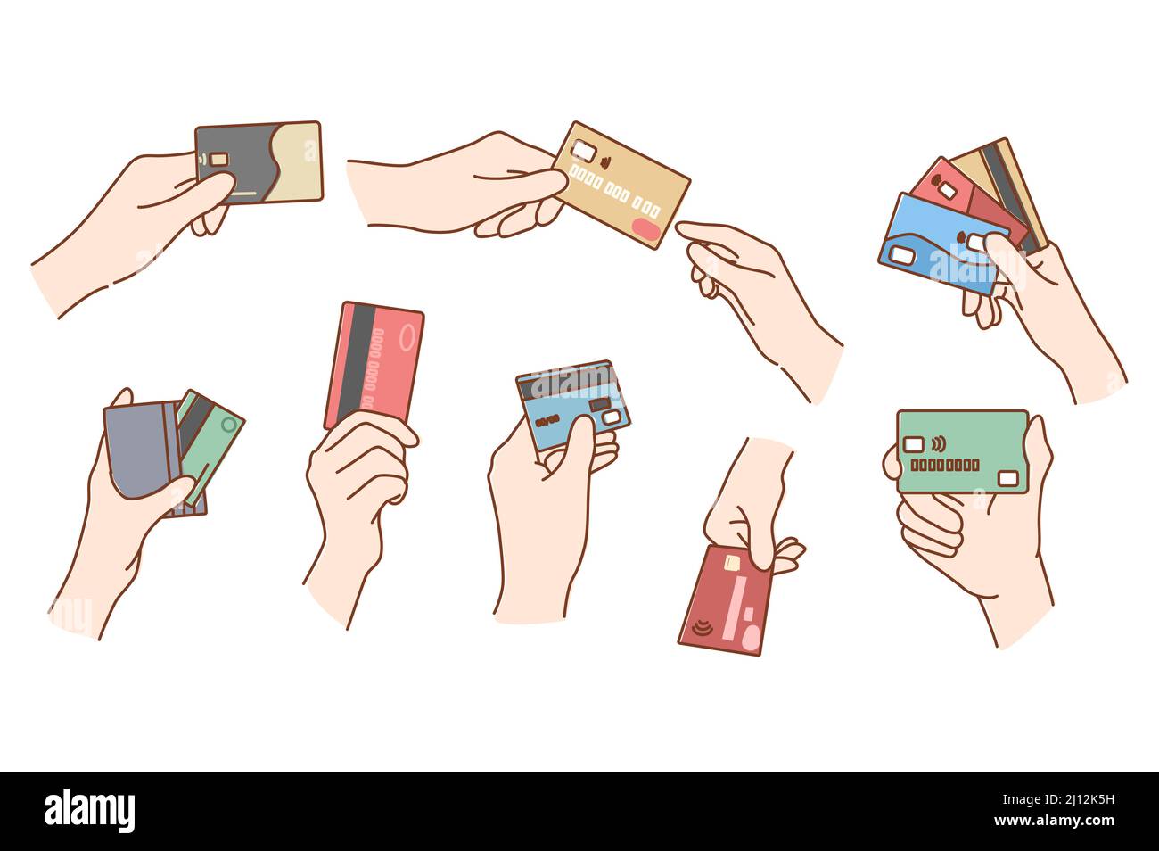 Collection of diverse people hold credit or debit cards for online ...