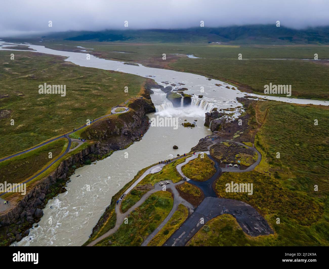 Beautifulaerial view of the massive Godafoss waterfall in Iceland, la ...