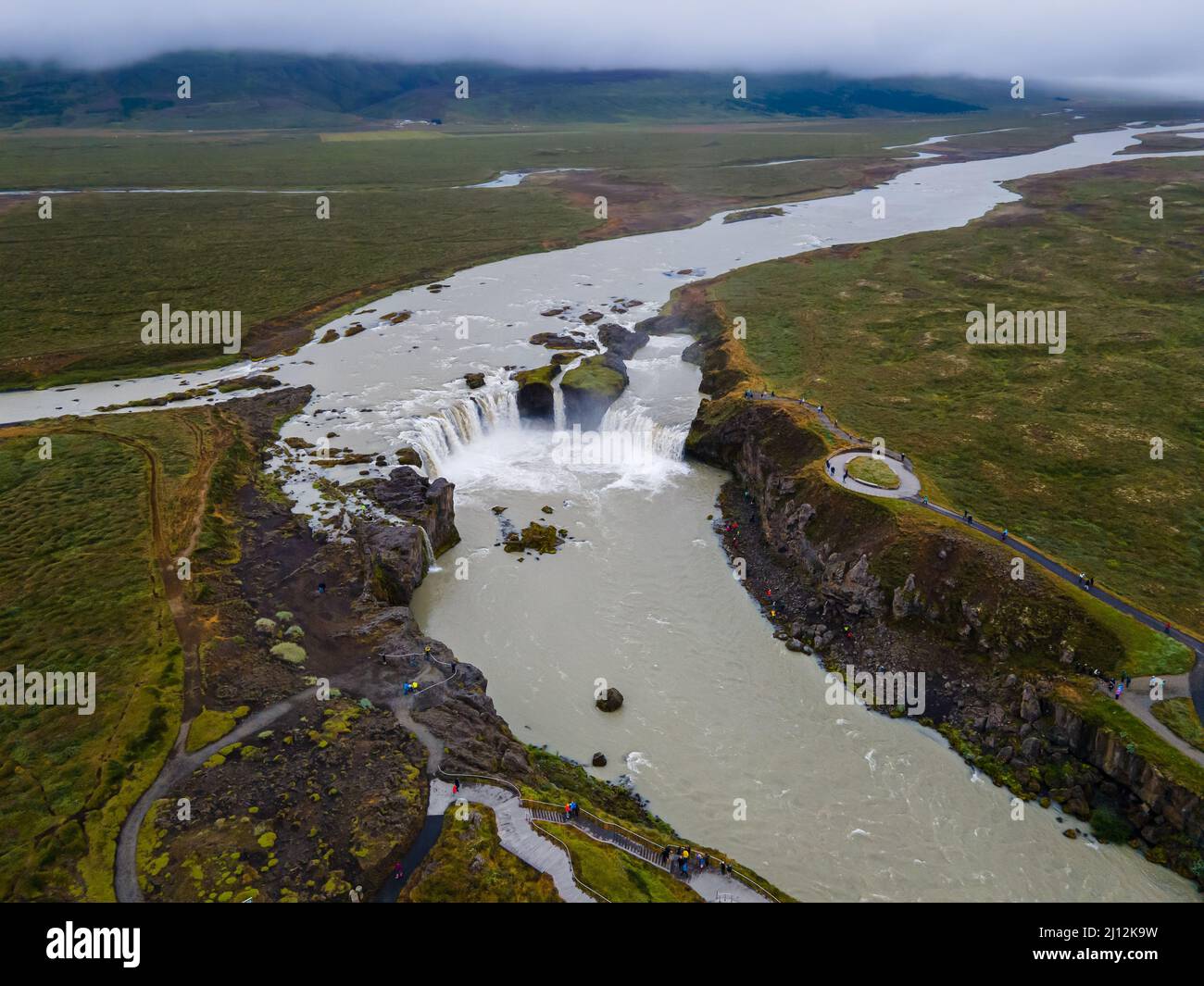 Beautifulaerial view of the massive Godafoss waterfall in Iceland, la ...