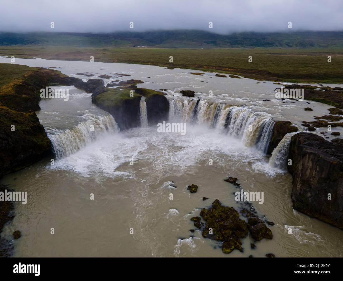 Beautifulaerial view of the massive Godafoss waterfall in Iceland, la ...