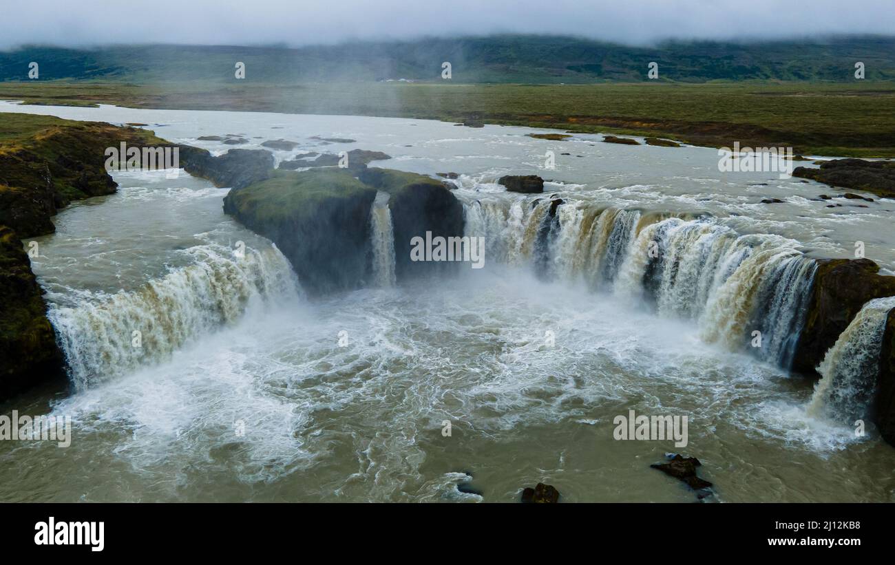 Beautifulaerial view of the massive Godafoss waterfall in Iceland, la ...