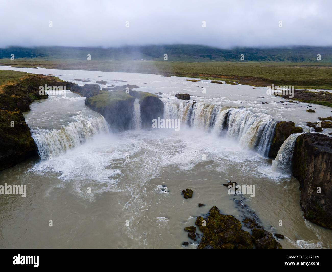 Beautifulaerial view of the massive Godafoss waterfall in Iceland, la ...