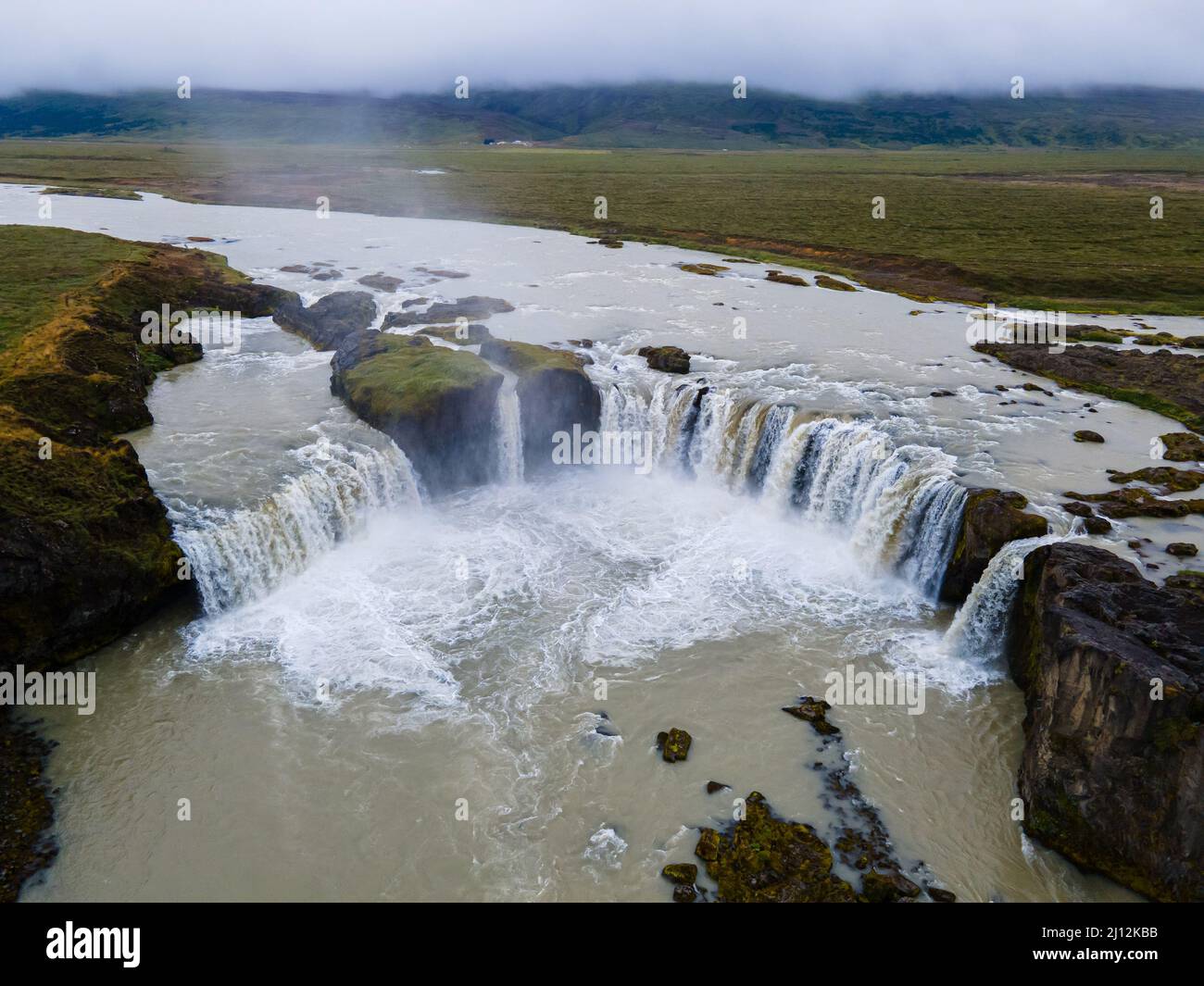 Beautifulaerial view of the massive Godafoss waterfall in Iceland, la ...