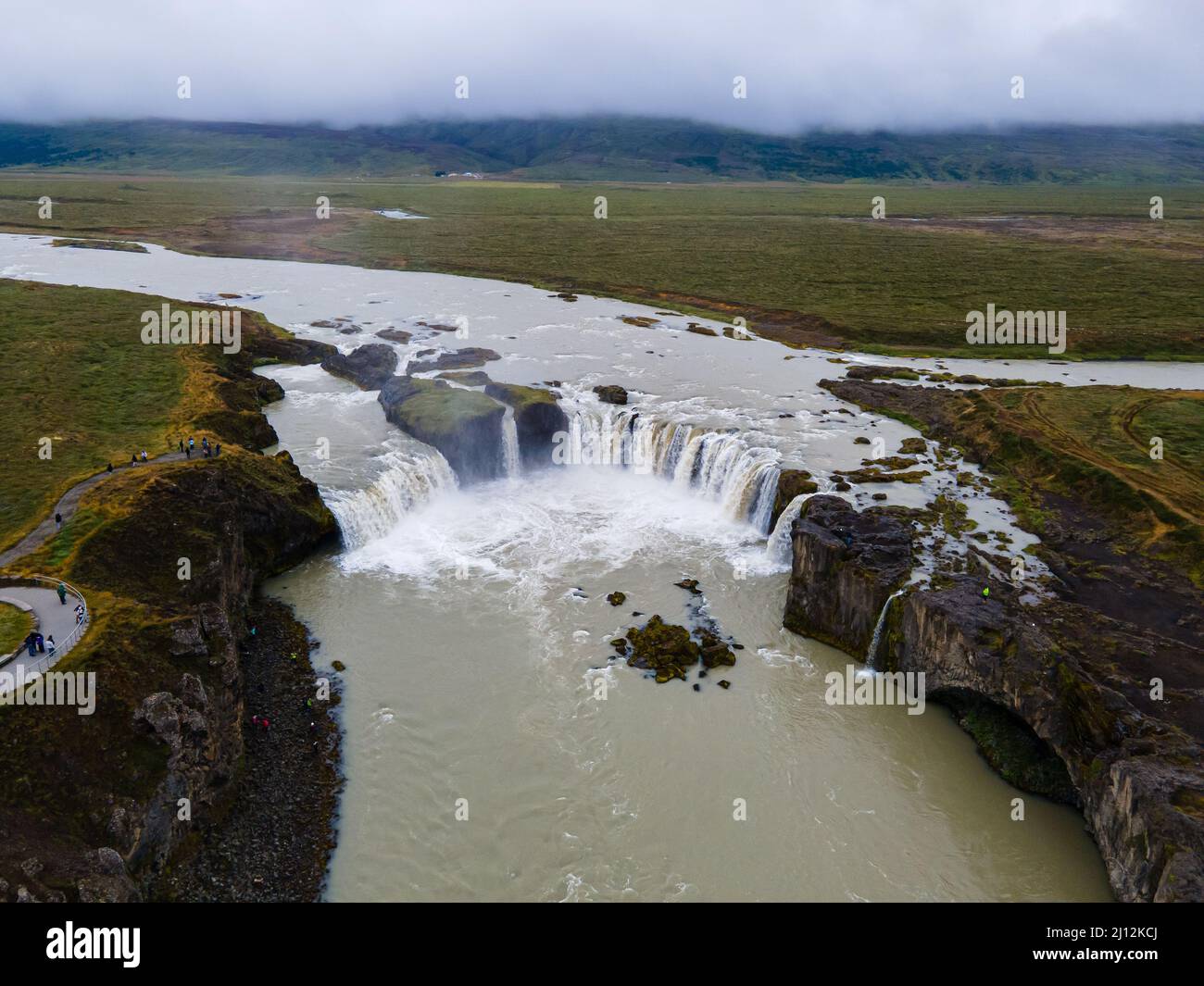 Beautifulaerial view of the massive Godafoss waterfall in Iceland, la ...