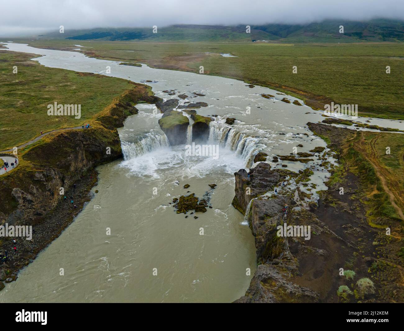 Beautifulaerial view of the massive Godafoss waterfall in Iceland, la ...