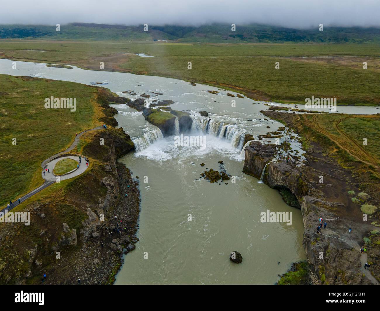 Beautifulaerial view of the massive Godafoss waterfall in Iceland, la ...