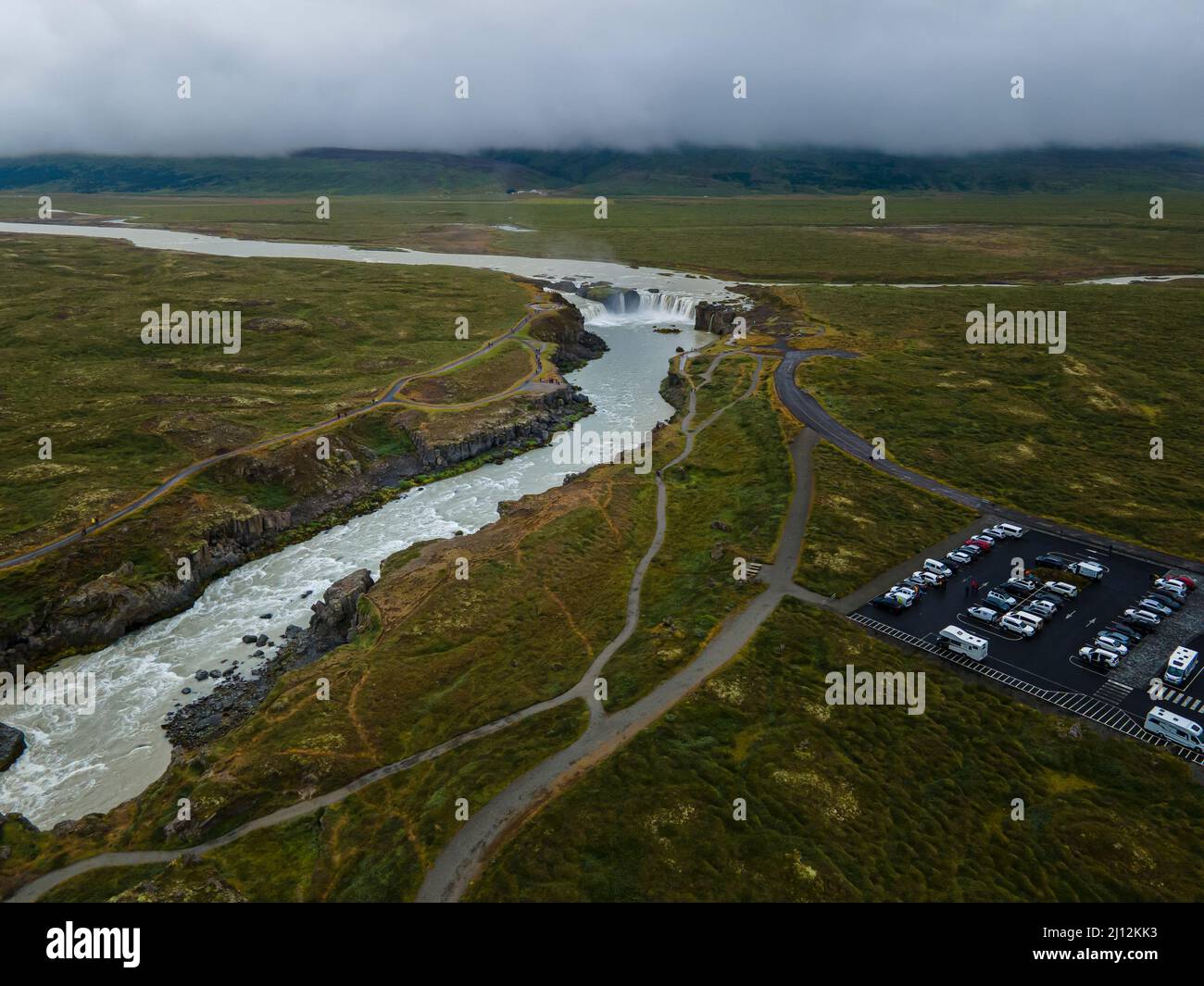 Beautifulaerial view of the massive Godafoss waterfall in Iceland, la ...