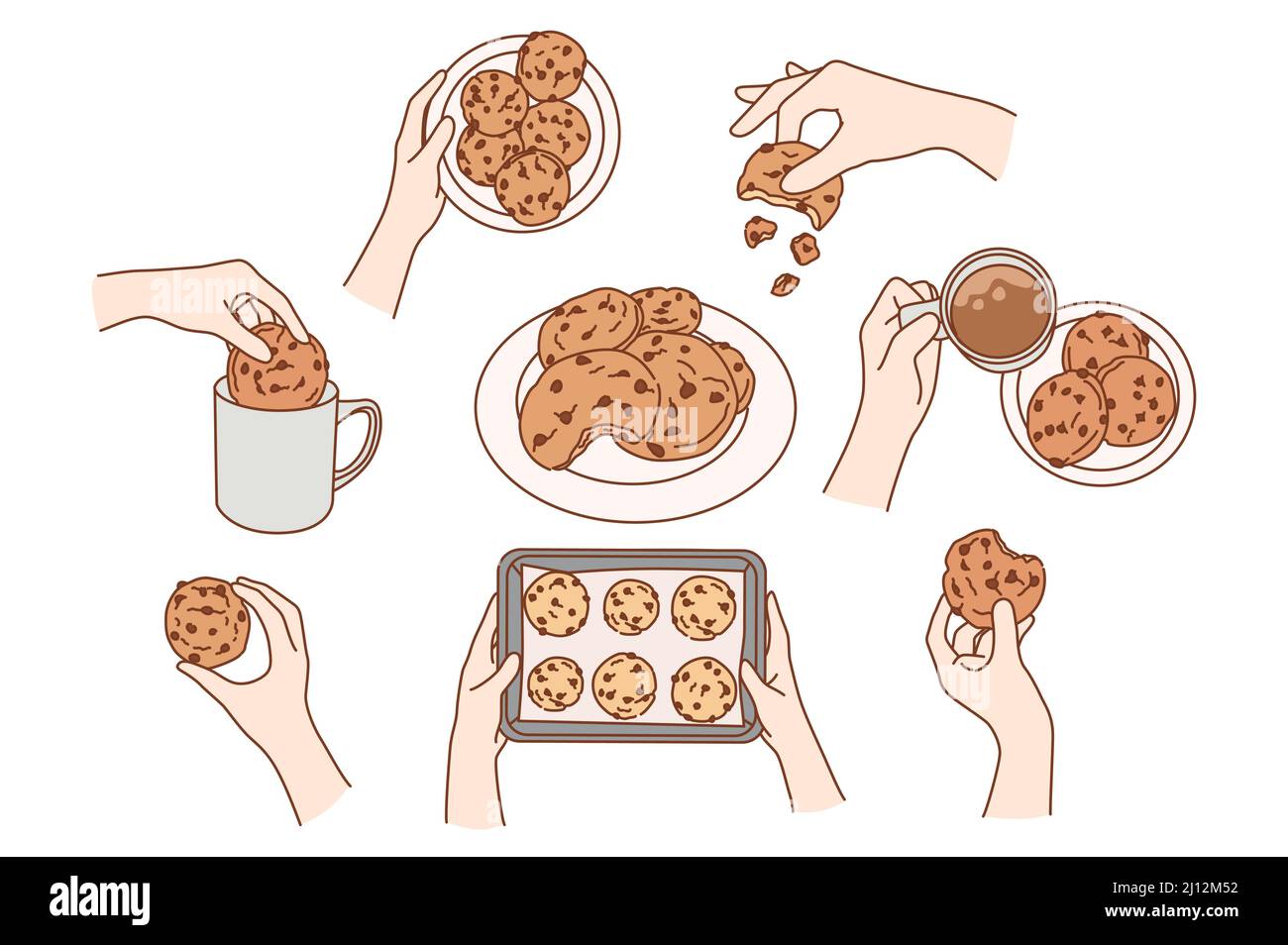 Set of people eating chocolate chip cookies for snack. Collection of ...
