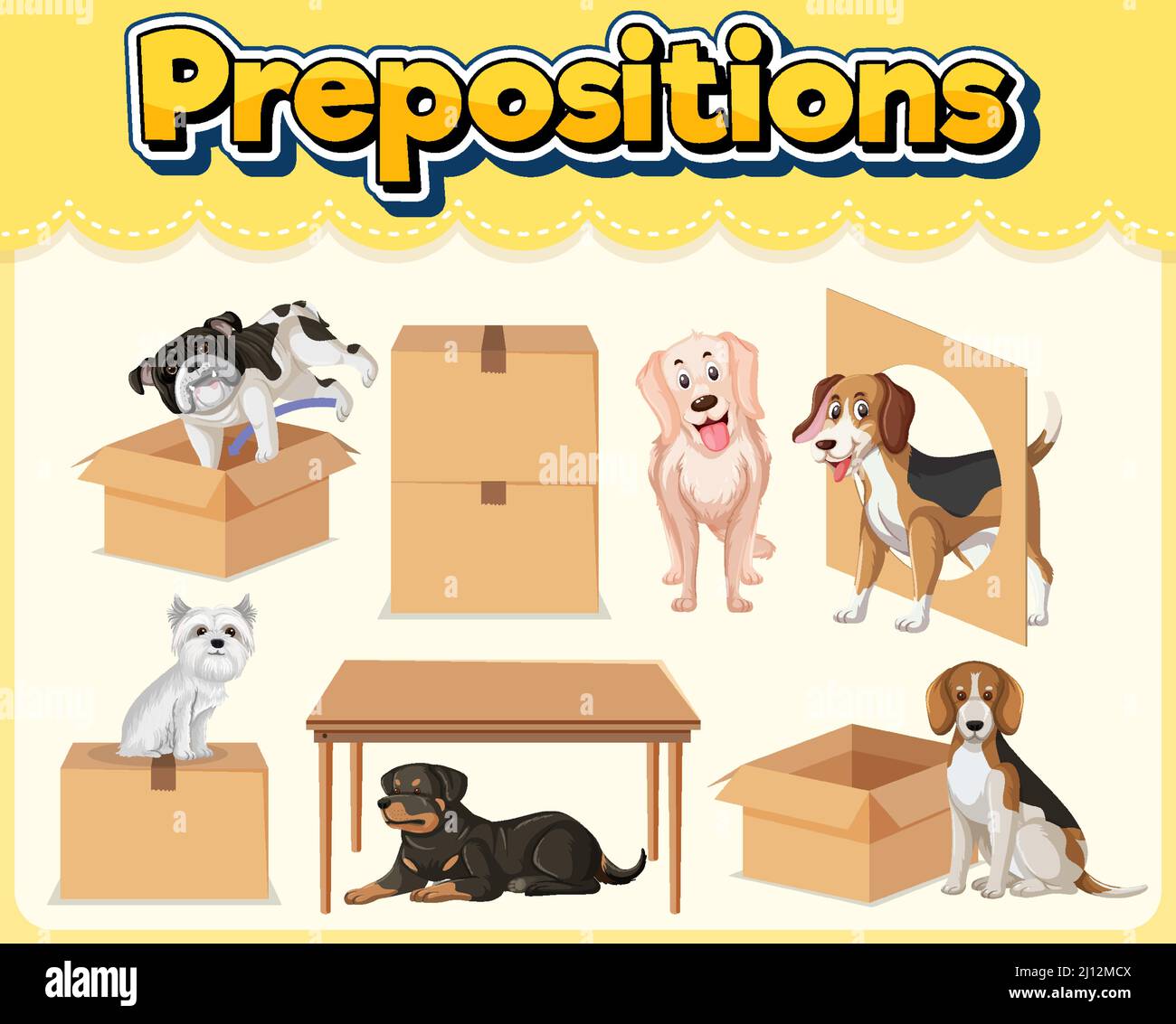 Prepostion wordcard design with dog and boxes illustration Stock Vector ...