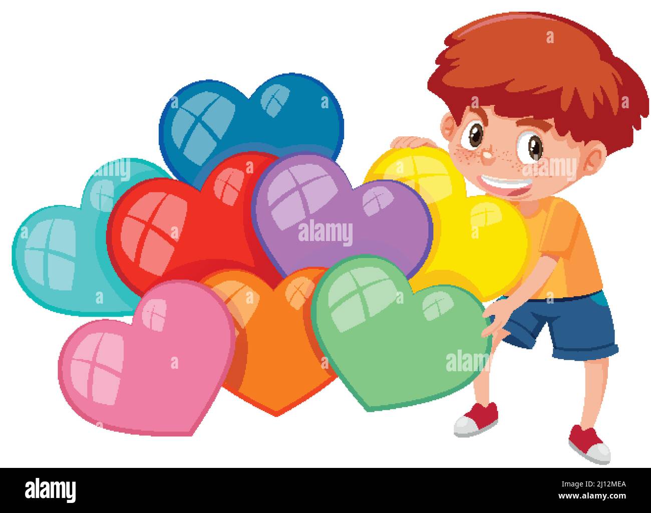 Different colors of hearts with a boy cartoon character illustration ...