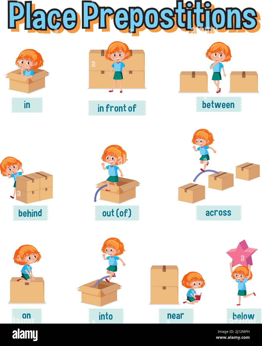 Prepostion wordcard design with girl and box illustration Stock Vector ...