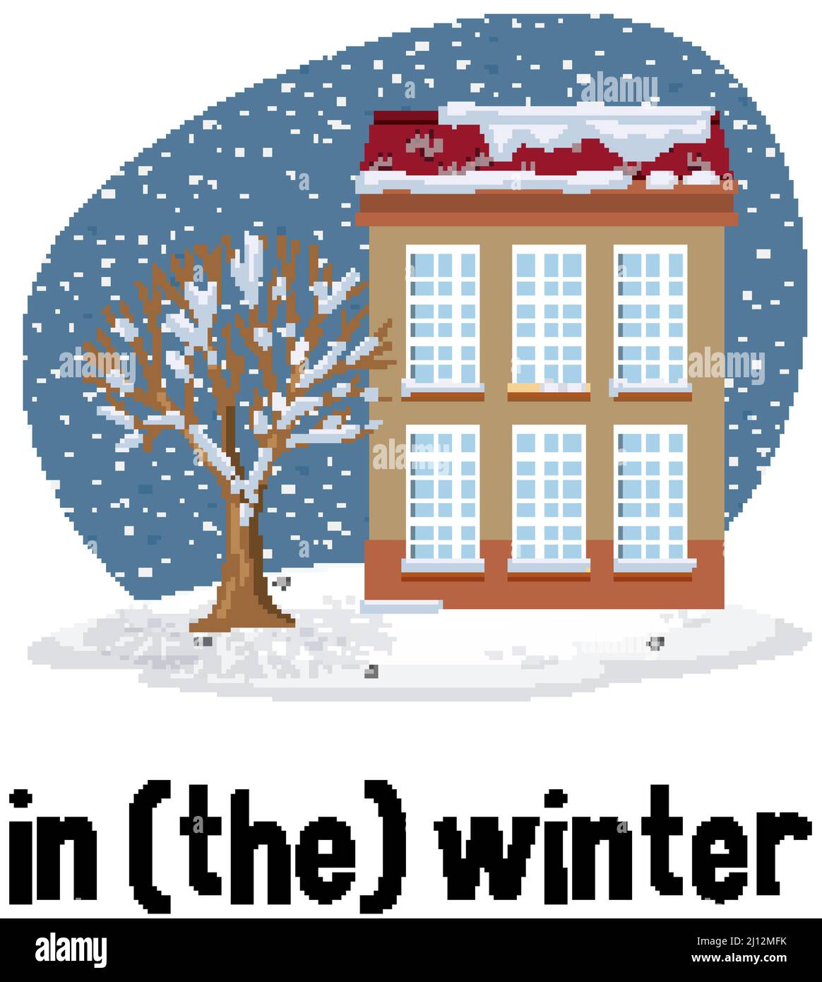 English prepositions of time with winter scene illustration Stock ...