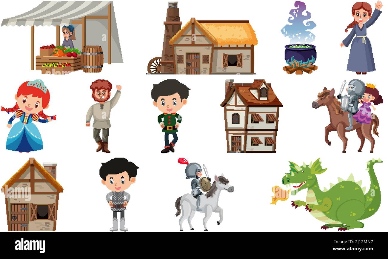 Medieval characters buildings set illustration Stock Vector Image & Art ...