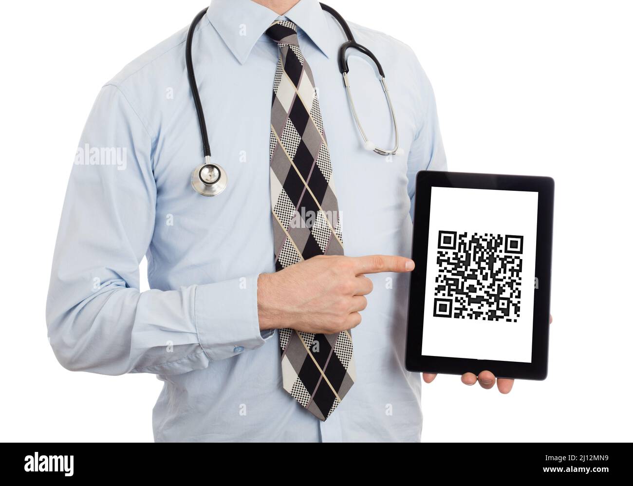 Doctor, isolated on white background, holding digital tablet - QR-code ...
