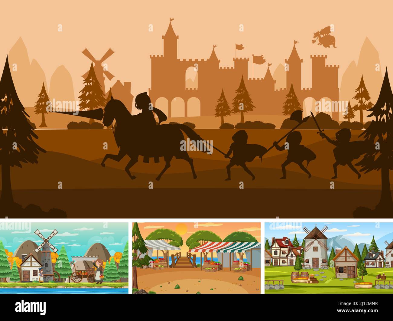 Set of different scene medieval with silhouette illustration Stock ...