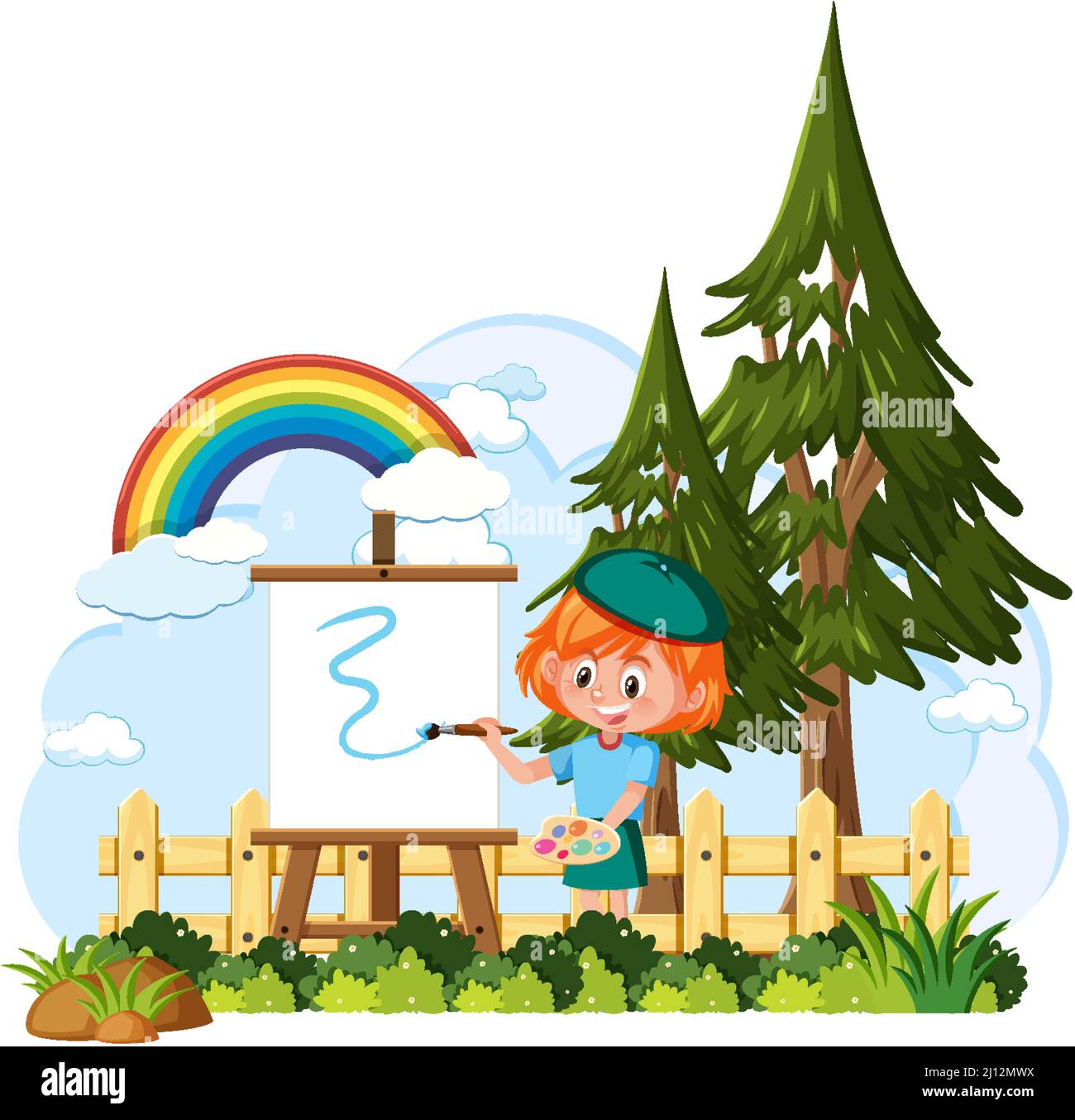 Isolated outdoor park with a girl drawing on canvas illustration Stock ...