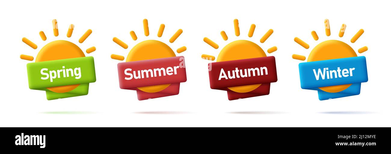 Set of seasonal 3d icon of sun with ribbon around it, label or tags ...
