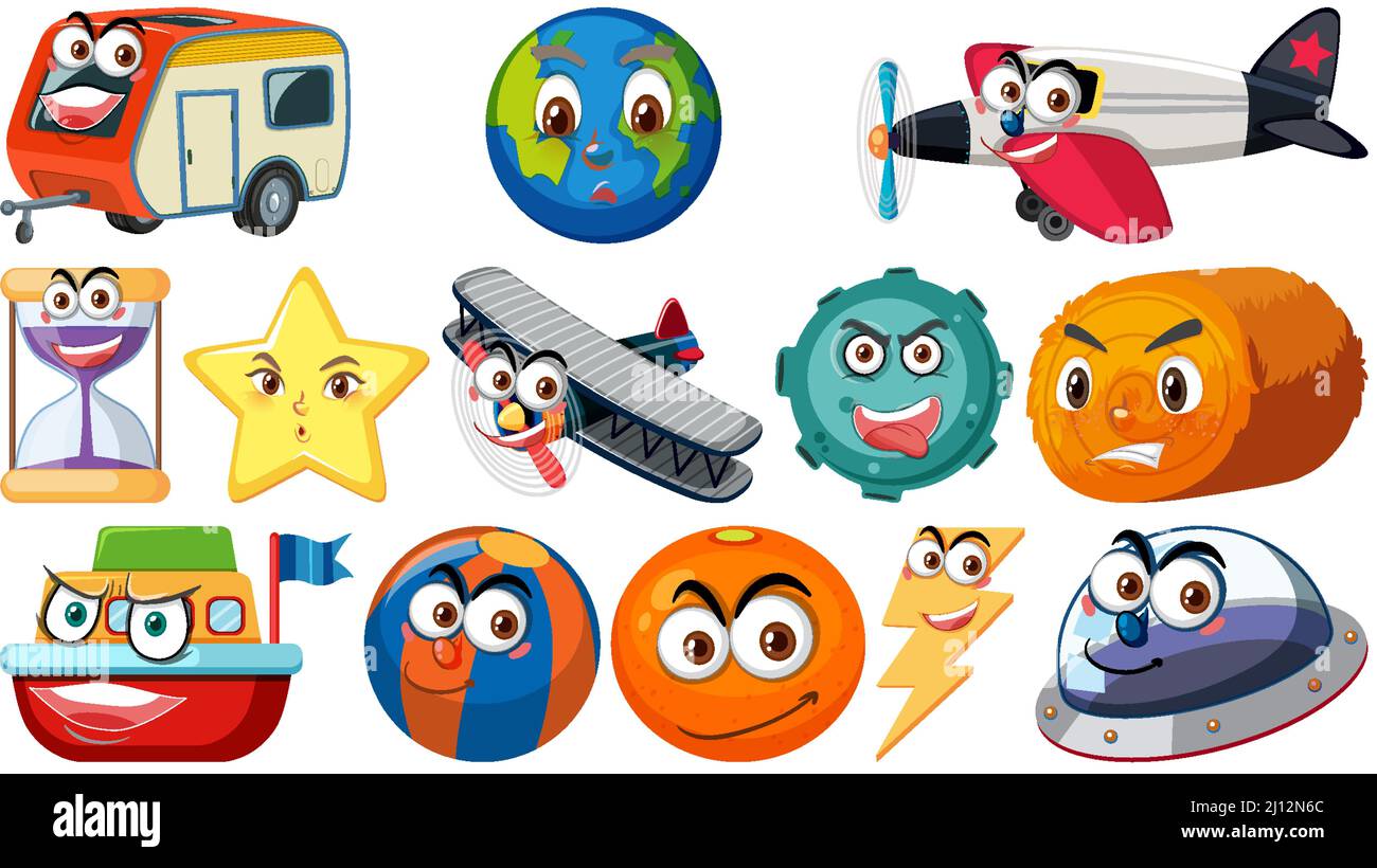 Set of different toy objects with smiley faces illustration Stock ...