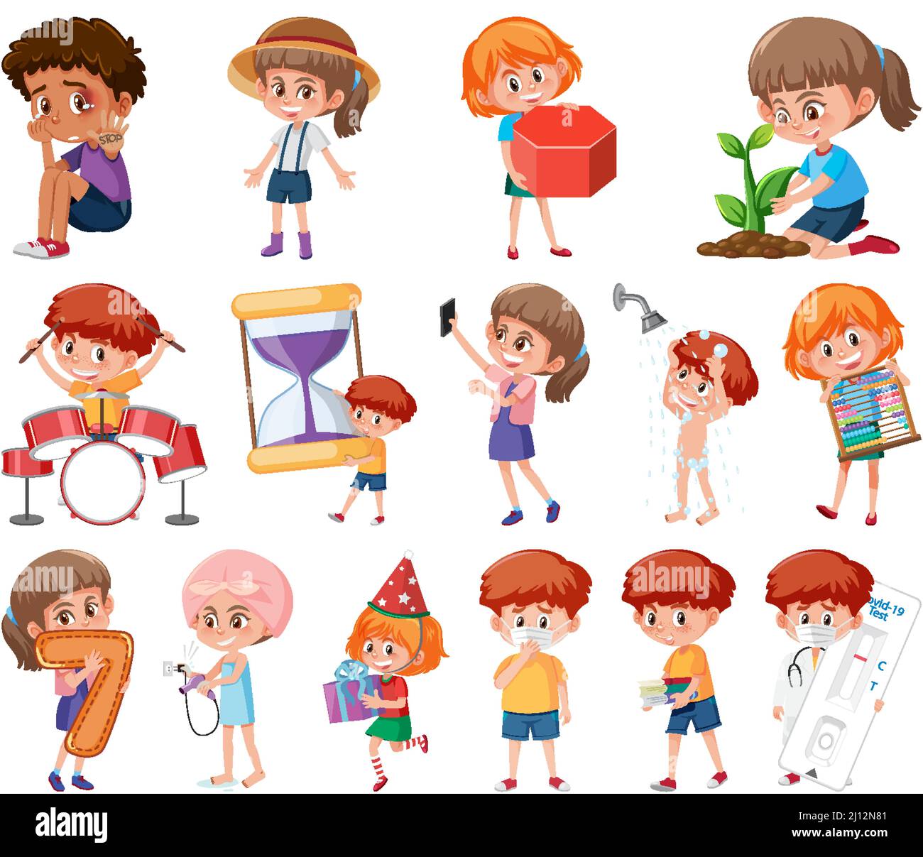 Set of children doing different activities on white background ...