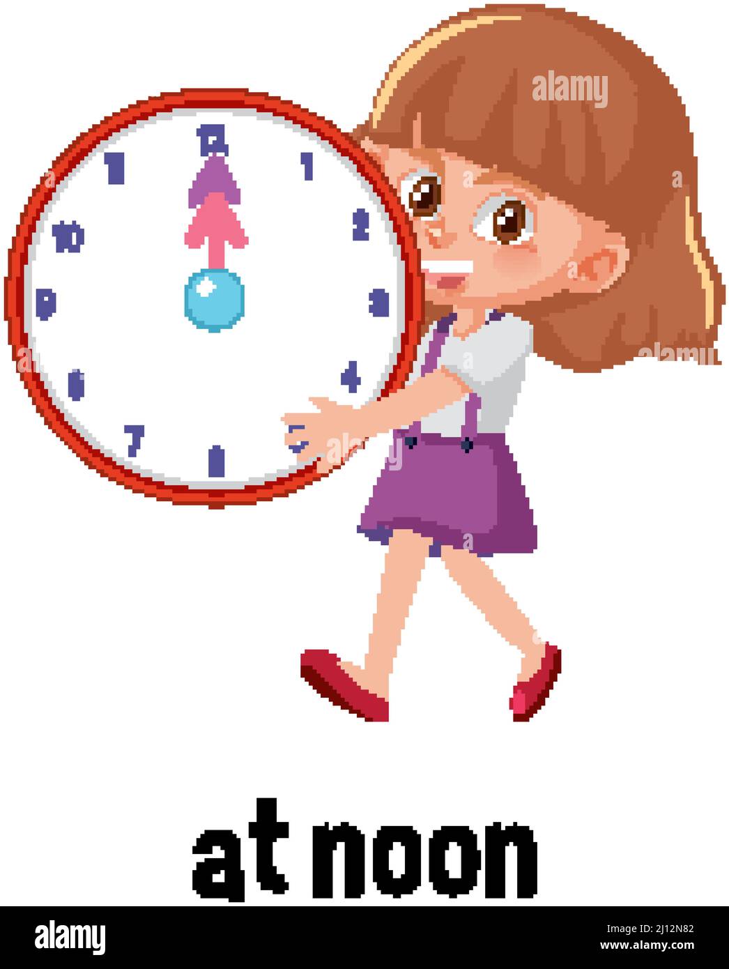 English prepositions of time with clock at noon illustration Stock ...