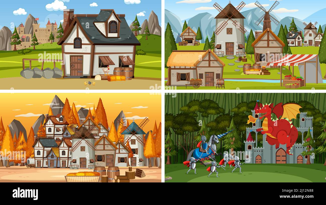 Set of different scene medieval illustration Stock Vector Image & Art ...