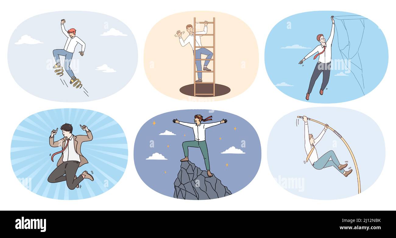 Set of motivated man employee or worker strive for career success reach ...