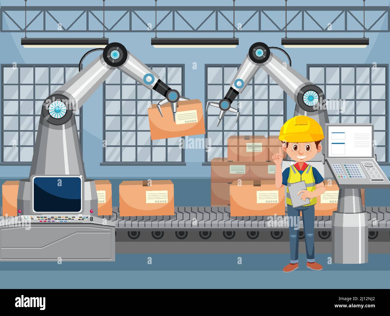 Automation industry concept with assembly line robots illustration ...