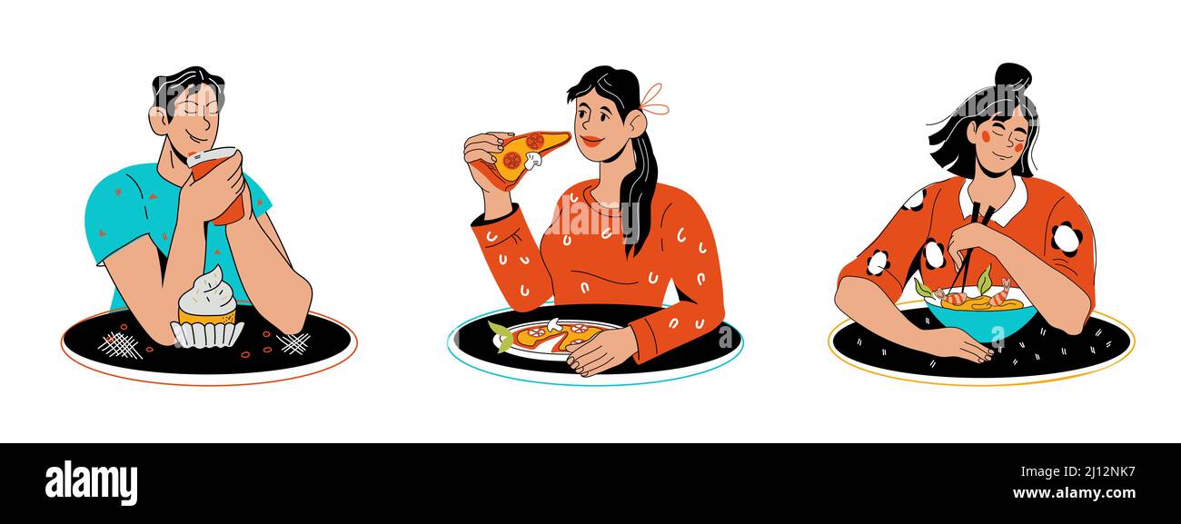 People eating various tasty food at cafe or restaurant, flat vector ...