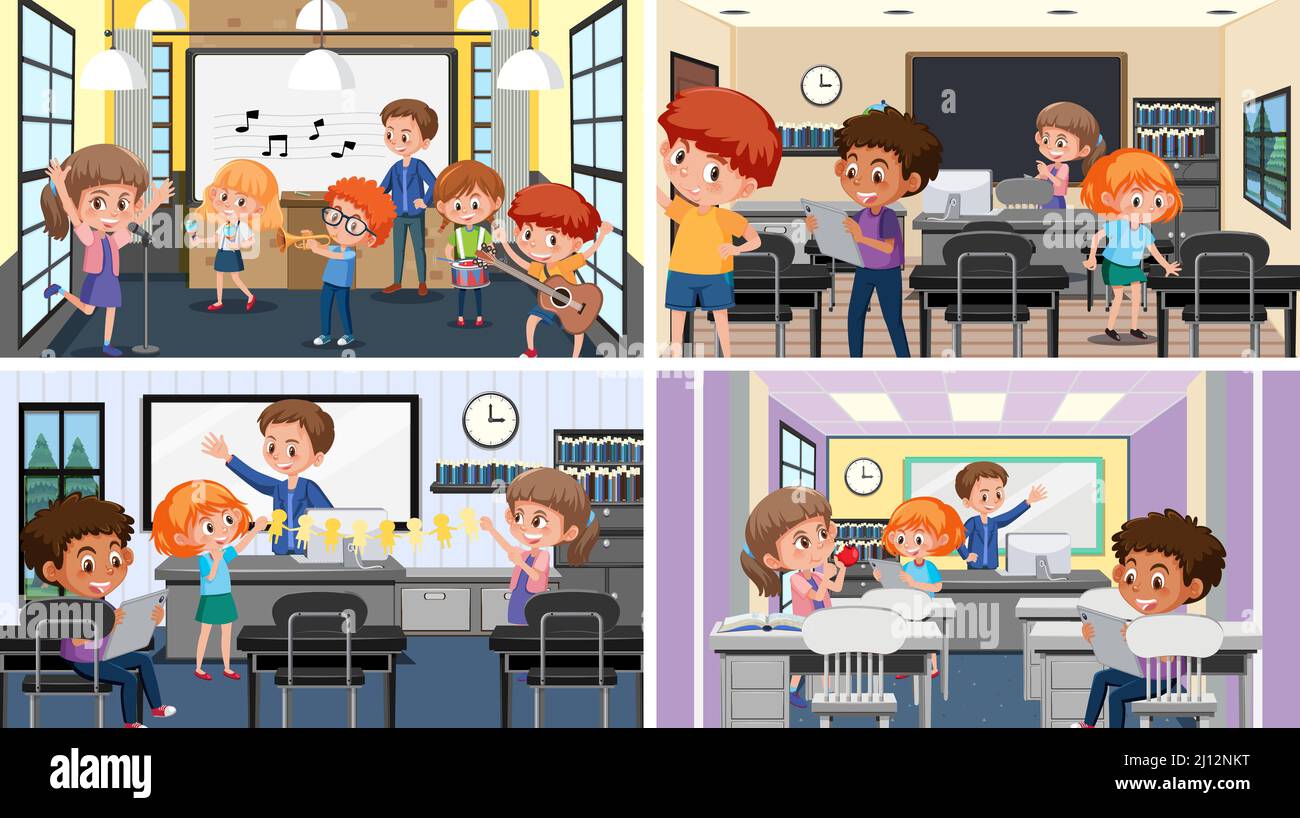 Set of student in the classroom scene illustration Stock Vector Image ...