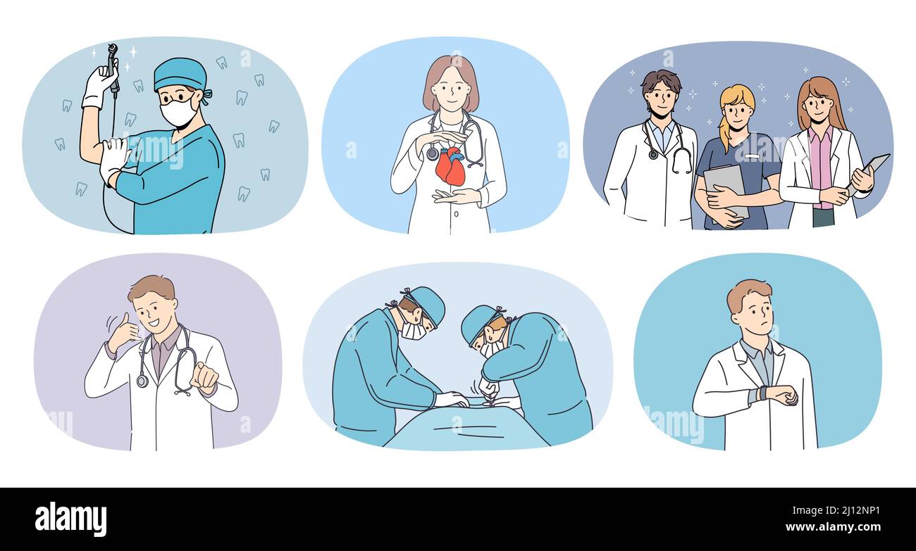 Set of team of diverse doctors help patients in hospital. Collection of ...