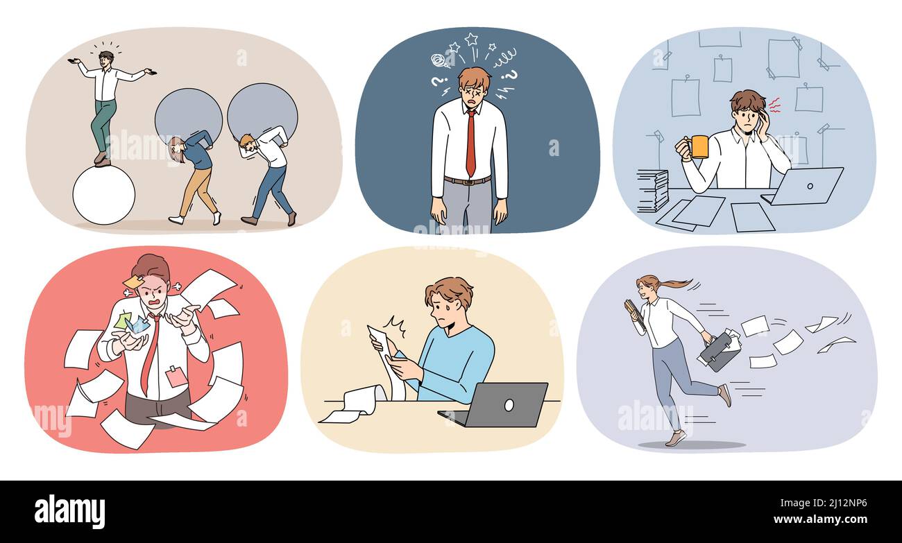 Set of businesspeople stressed overwhelmed with workload in office ...