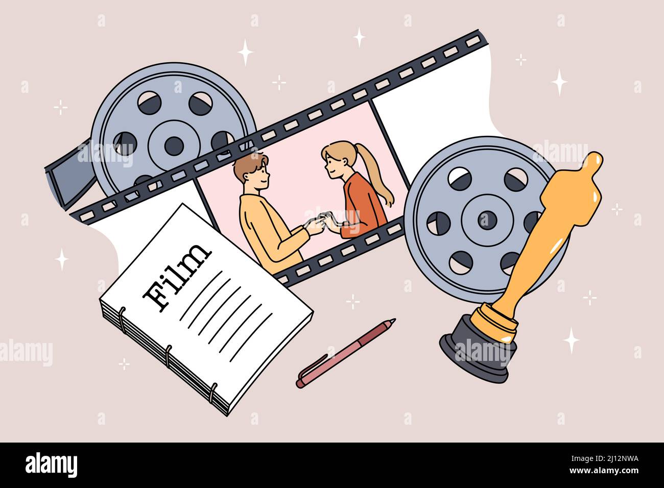 Movie characters man and woman in romantic screenplay. Love story in ...