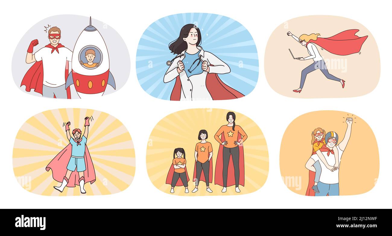 Set of diverse people in superhero costumes show strength and power ...