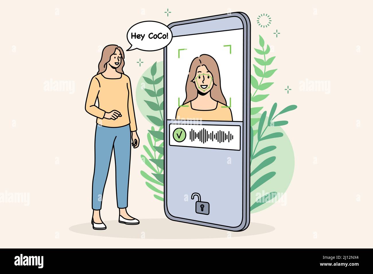 Smiling woman unlock mobile phone with face ID. Female smartphone user get access to data with ...