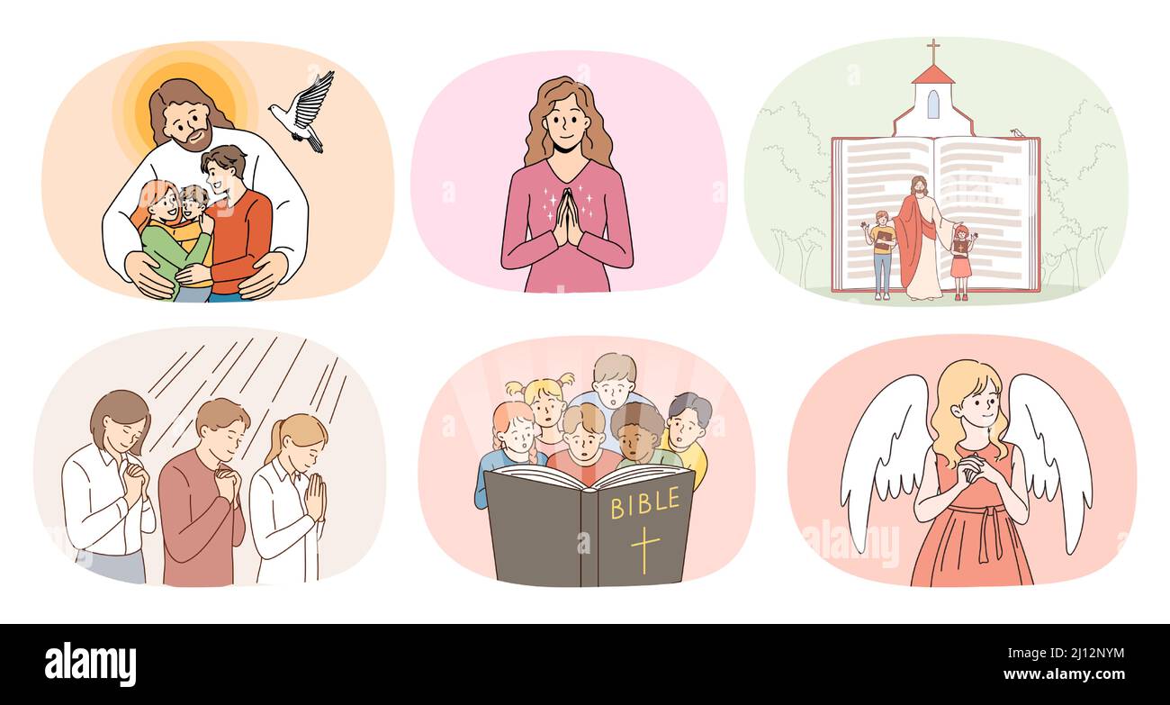 Set of religious people and Jesus Christ. Concept of faith and religion ...