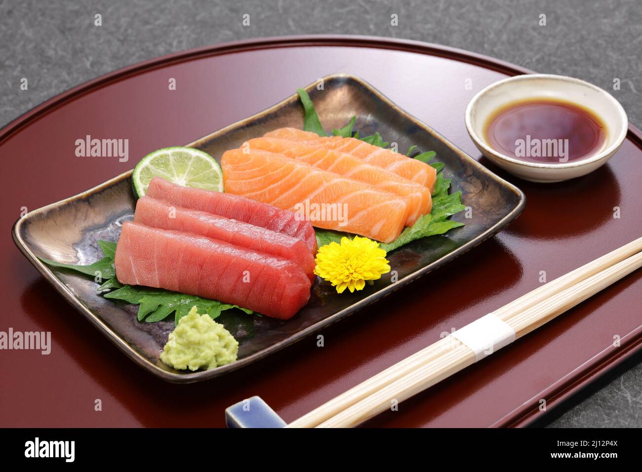 tuna and salmon sashimi, japanese food Stock Photo - Alamy