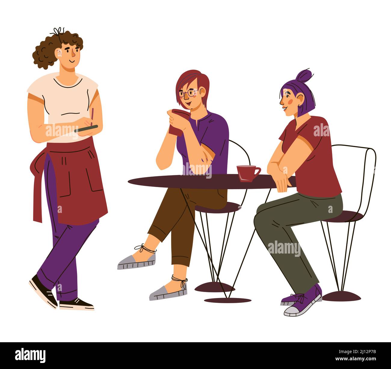 People eat in a cafe or restaurant and a waitress serves them, cartoon ...