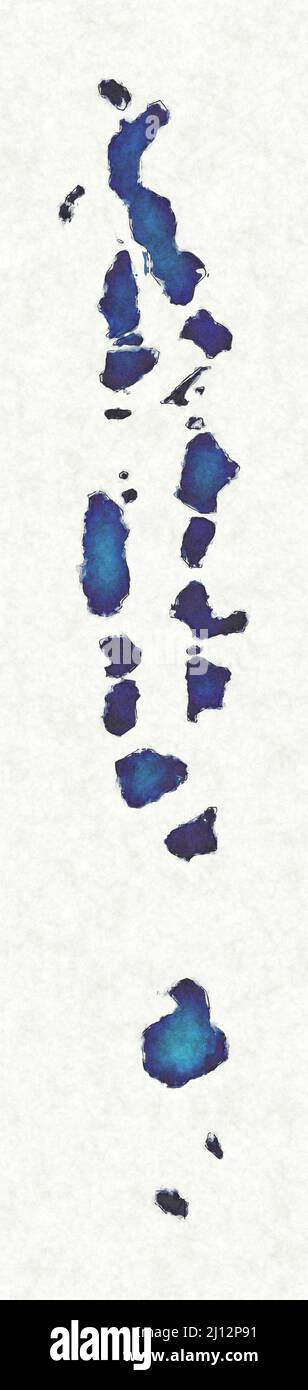 Maldives map with drawn lines and blue watercolor illustration Stock ...