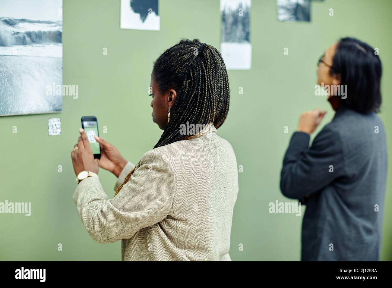 Young African American woman attending exhibition in modern art gallery ...