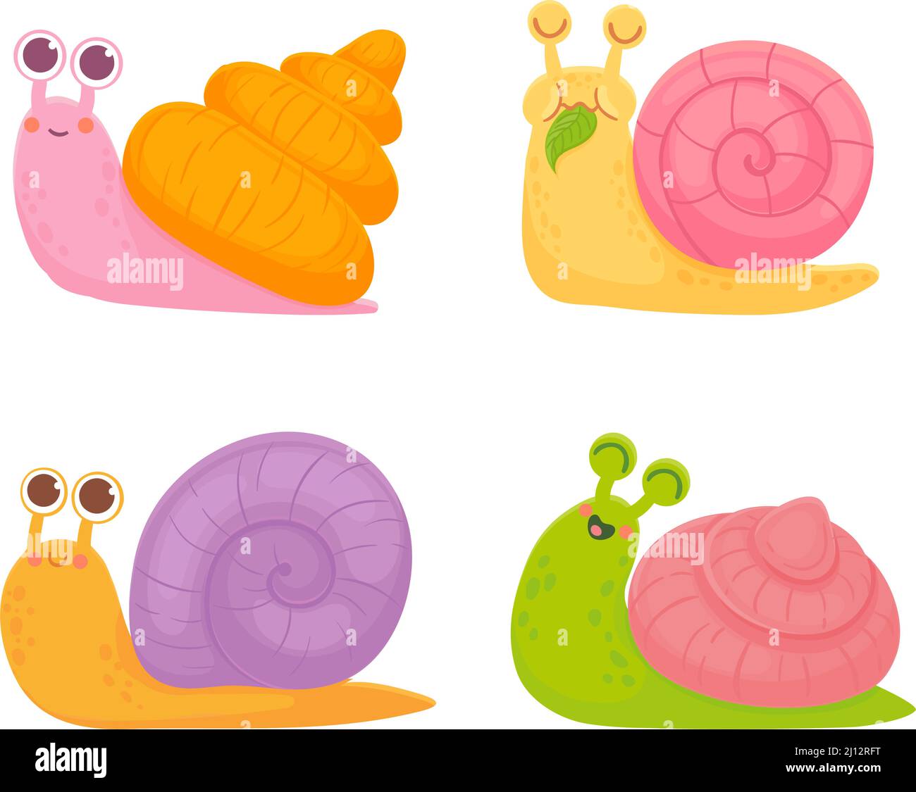 Cartoon snails. Slow colorful animals with spiral shell crawling ...