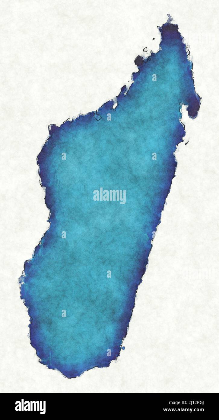 Madagascar map with drawn lines and blue watercolor illustration Stock ...