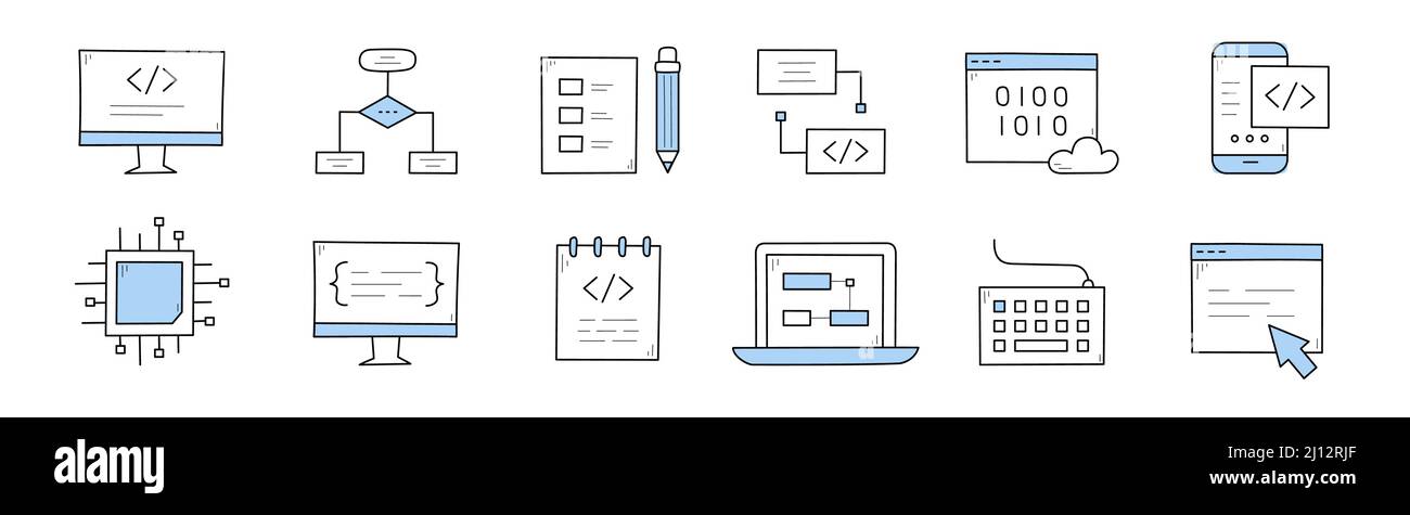 Coding And Programming Doodle Icons Set Computer With Code On Screen